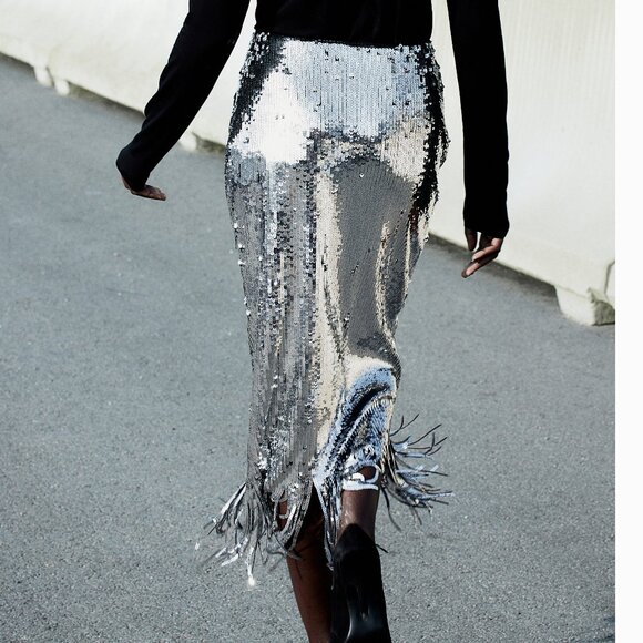 H&M | Skirts | Showstopper92s Flapper Style Silver Sequin Fringe Pencil ...